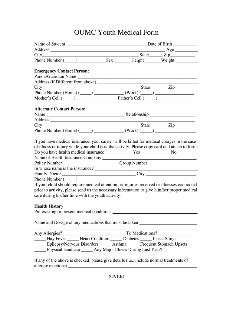 Fillable Online connect2orange OUMC Youth Medical Form - Orange United ...