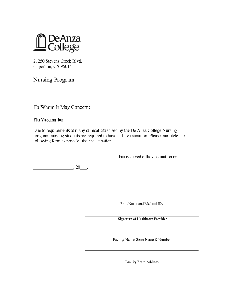 Fillable Online deanza Flu Vaccination Verification Form - De Anza ...