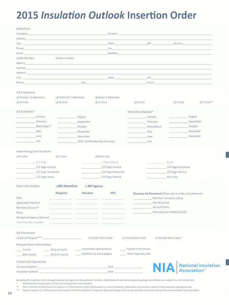 Fillable Online insulation 2015 Insertion Order Form - insulation Fax ...