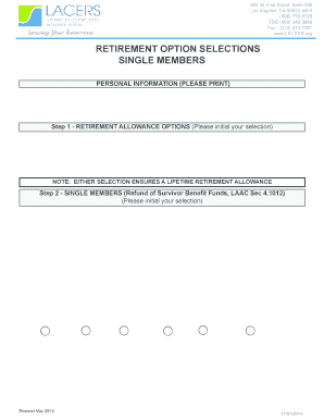 Fillable Online lacers Retirement option selections single members 75 ...