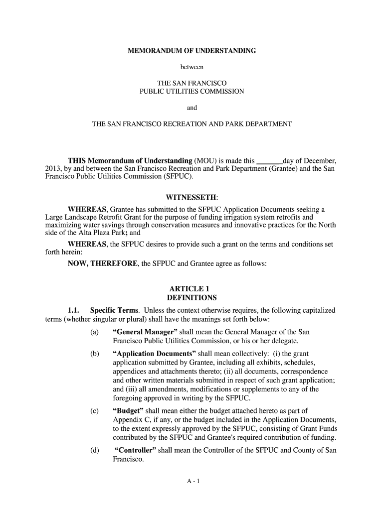 Fillable Online sfrecpark THIS Memorandum of Understanding (MOU) is made this day of December ...