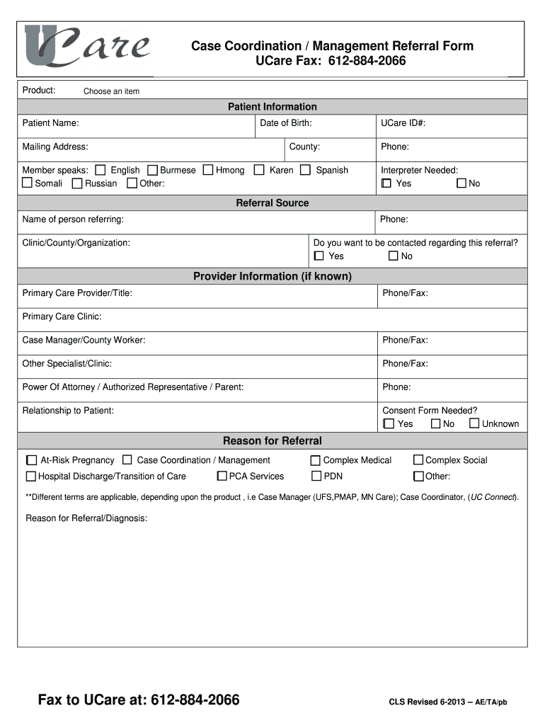 Fillable Online ucare Care Management Referral Form - UCare Fax Email ...