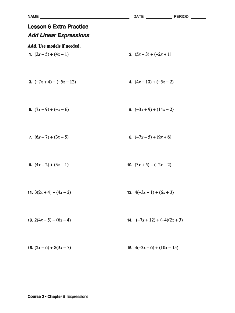Lesson 3 Skills Practice Adding Linear Expressions Answer Key - Fill ...