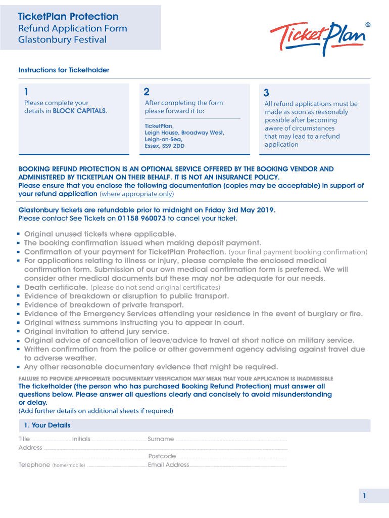 Fillable Online TicketPlan Protection Refund Application Form ...