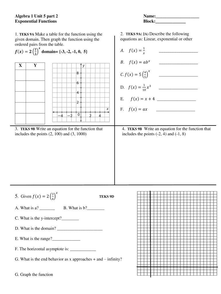 Fillable Online Algebra 1 Unit 5 part 2 Name: Exponential Functions ...