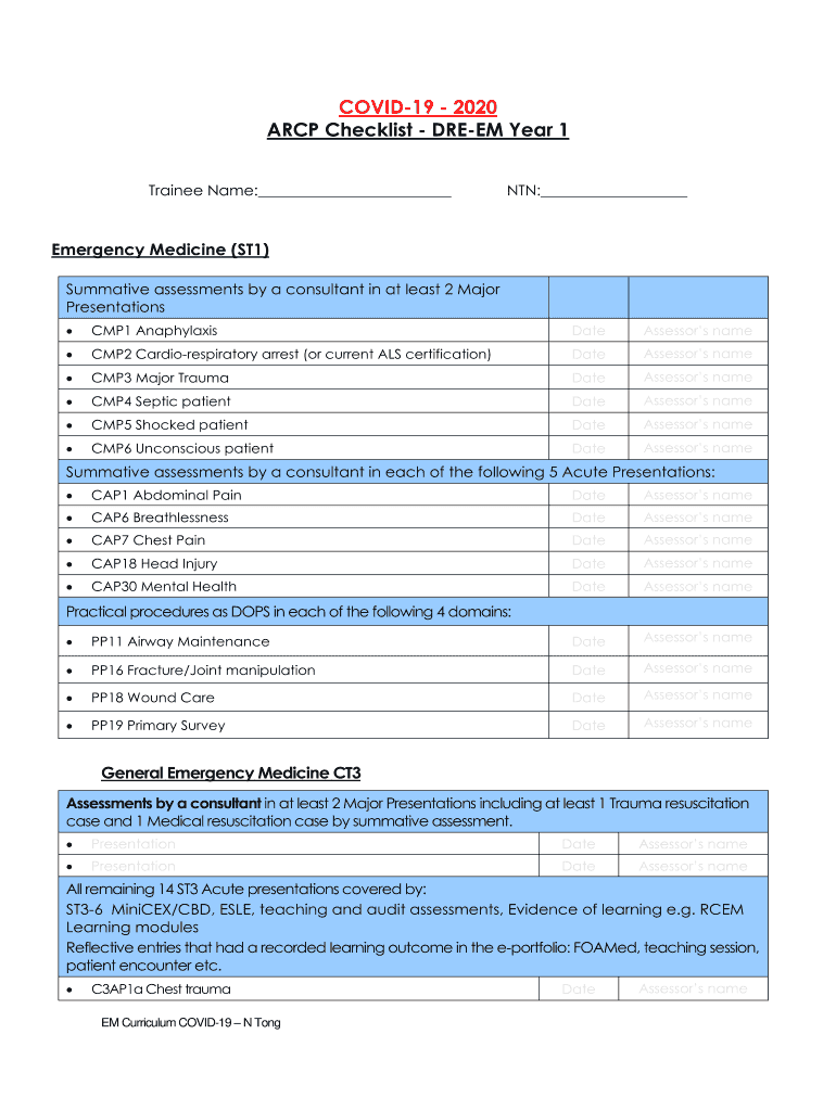 Fillable Online ARCP Checklist - DRE-EM Year 1 Fax Email Print - pdfFiller