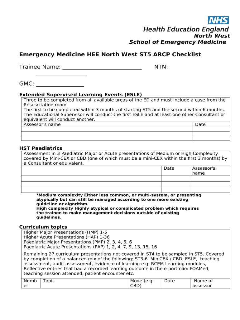 (ARCP) Checklist for Work Place Based Assessments in EM ST5 Doc ...