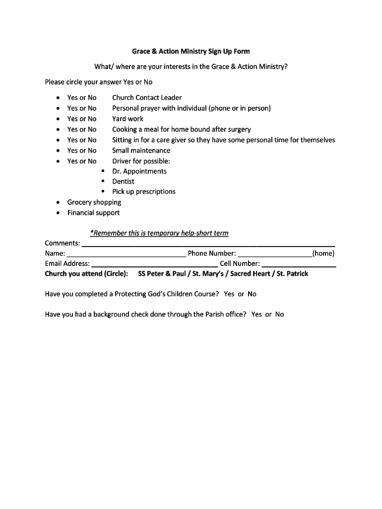 Fillable Online Grace & Action Ministry Sign Up Form Fax Email Print ...