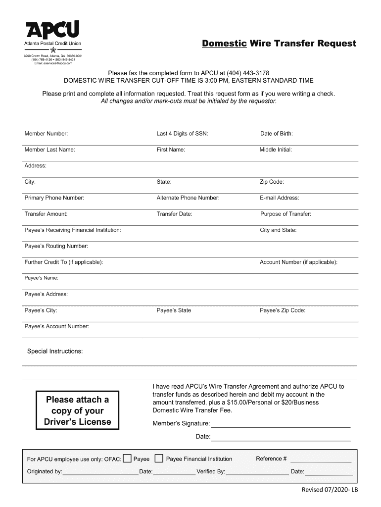 APCU Domestic Wire Transfer Request Form 2020 - Fill and Sign Printable ...