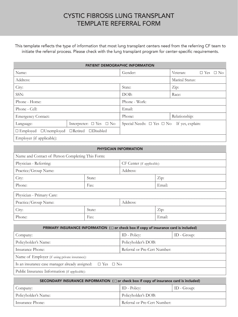 Fillable Online TEMPLATE REFERRAL FORM - Cystic Fibrosis Foundation Fax ...
