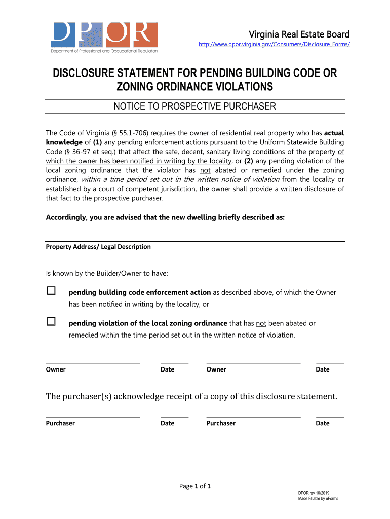 2019-2025 Form VA DPOR Disclosure Statement for Pending Building Code ...