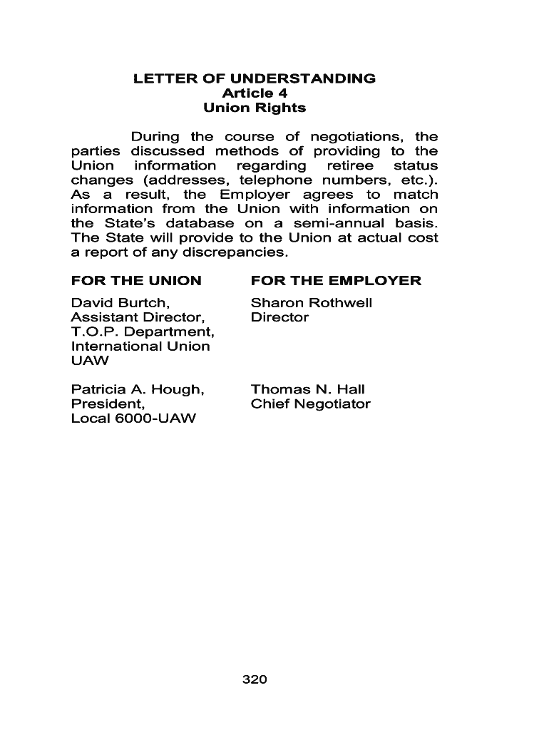 Fillable Online LETTER OF UNDERSTANDING Article 4 Union Rights During ...