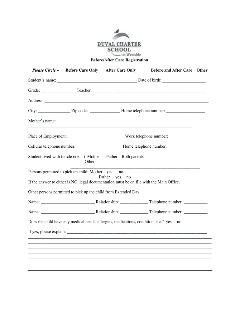 Fillable Online Before/After Care Registration Before Care Only After ...