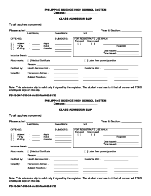 Fillable Online carc pshs edu CLASS ADMISSION SLIP Fax Email Print ...