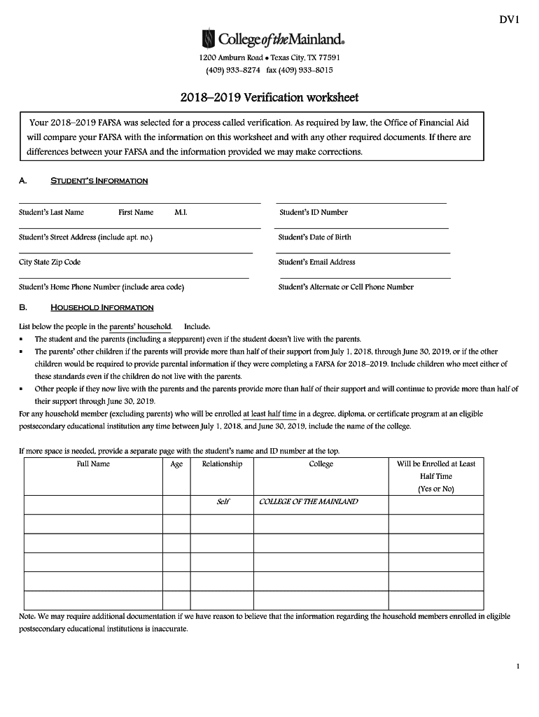 Fillable Online 20182019 Verification worksheet - College of the Mainland Fax Email Print ...