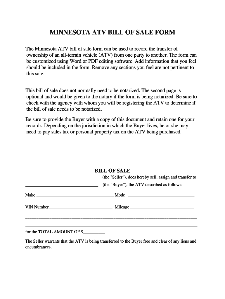 Fillable Online MINNESOTA ATV BILL OF SALE FORM Fax Email Print - pdfFiller