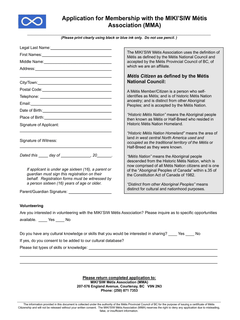 Fillable Online Application for Certificate of Mtis Citizenship - MIKI ...