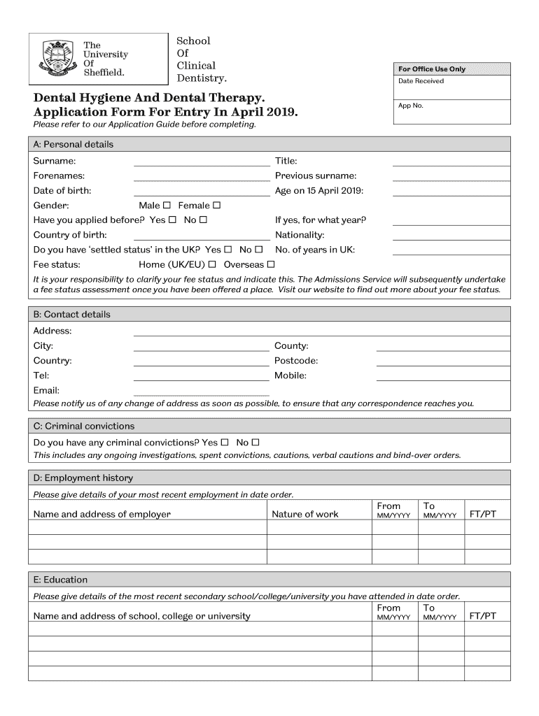 Fillable Online Dental Hygiene And Dental Therapy. Application Form For ...