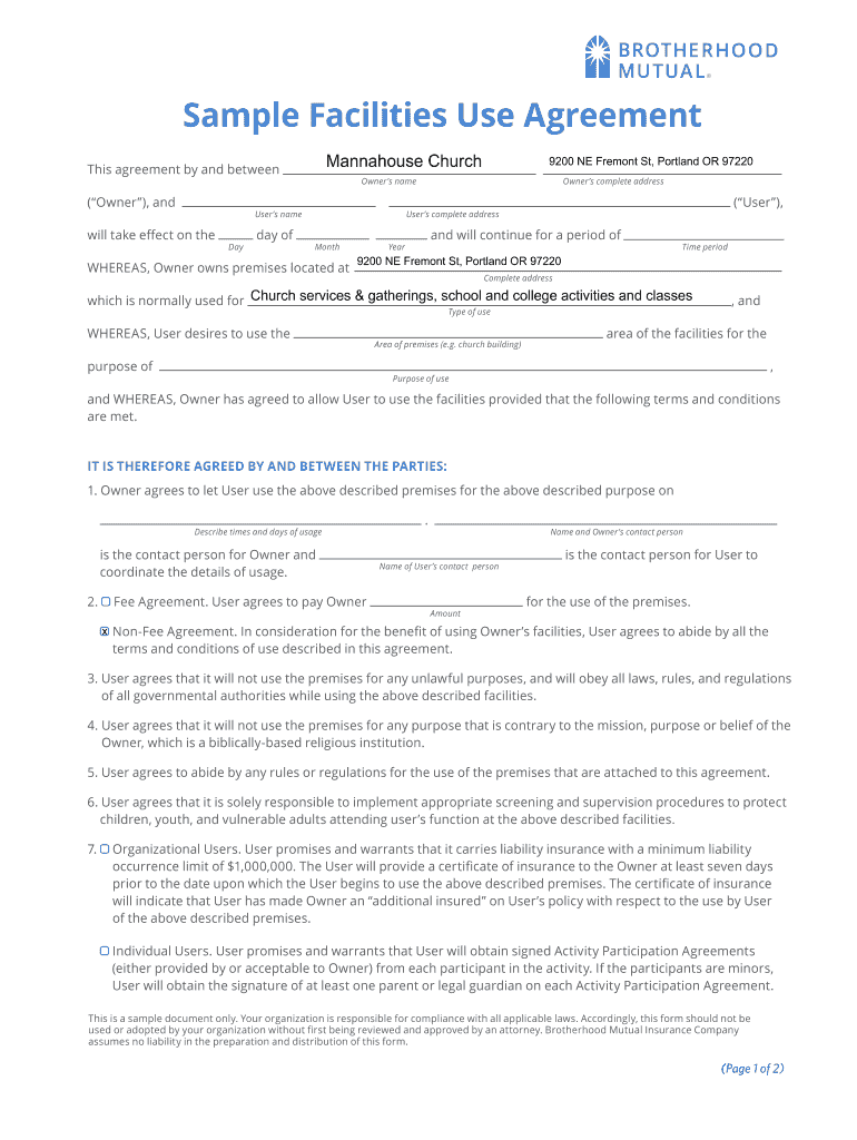 Fillable Online Sample Facilities Use Agreement - Brotherhood Mutual ...