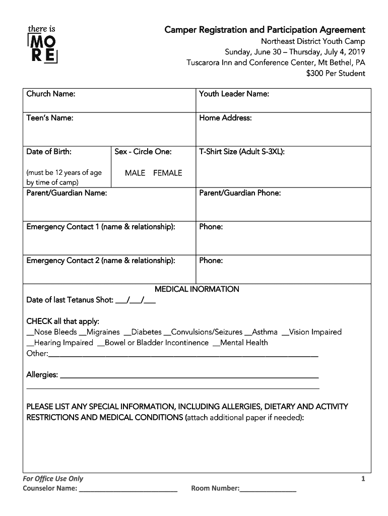 Fillable Online Camper Registration and Participation Agreement ...
