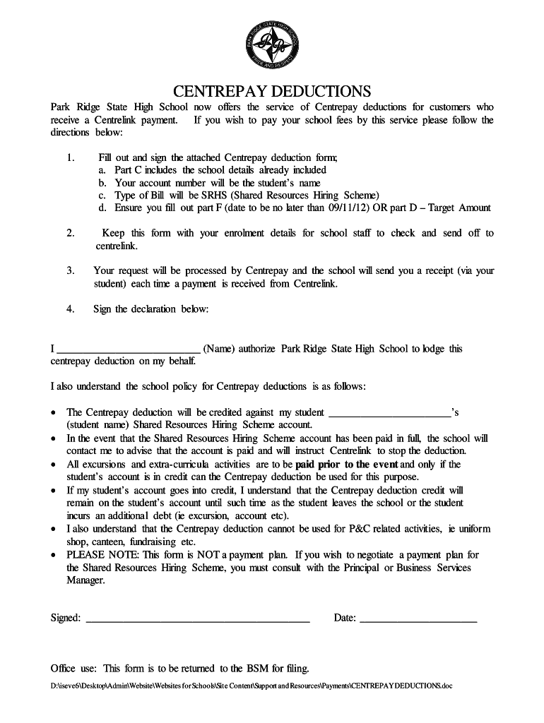 Fillable Online parkridgeshs eq edu Park Ridge State High School now ...