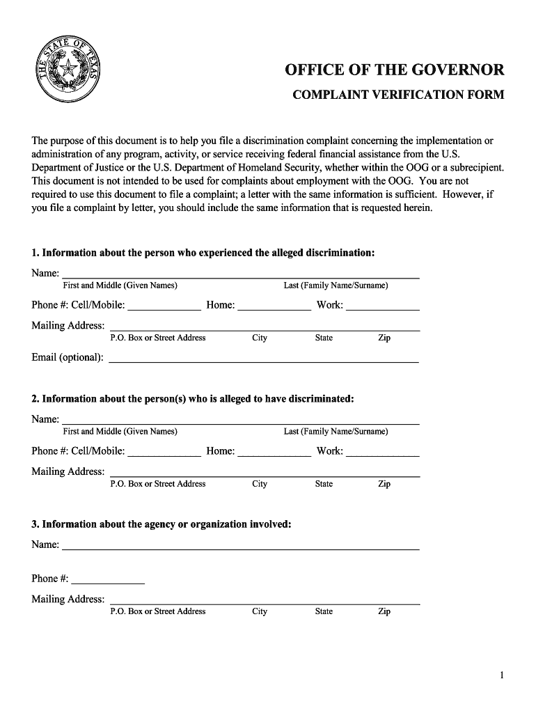 Fillable Online Office of the Governor - Complaint Verification Form Fax Email Print - pdfFiller