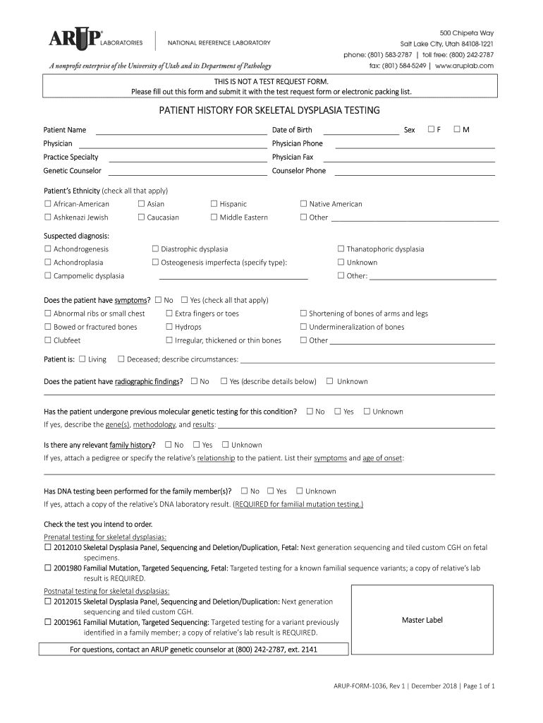 Fillable Online Patient History ARUP-FORM-1036 Skeletal Dysplasia.12.6 ...