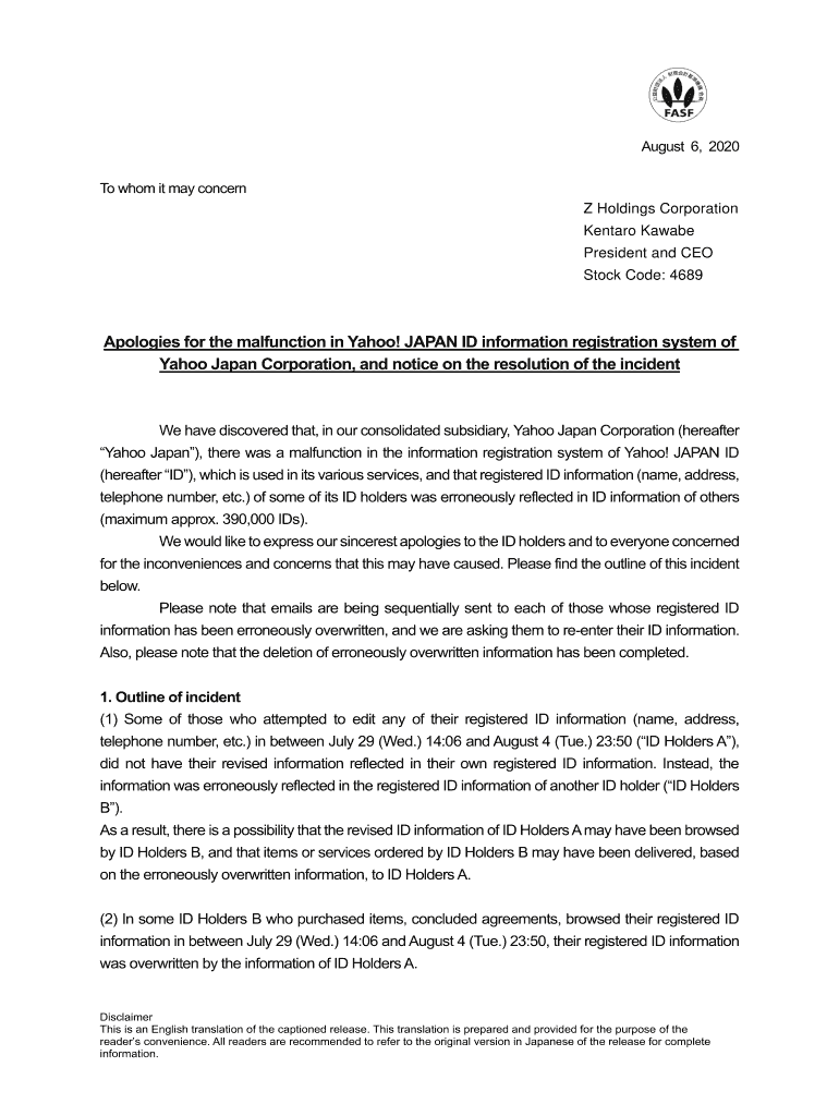 Fillable Online Apologies for the malfunction in Yahoo! JAPAN ID ...