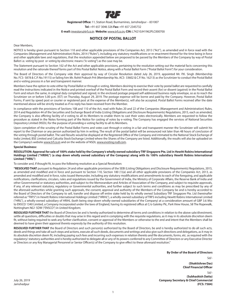 Fillable Online trf co PDF Postal Ballot Notice and News paper advertisement - HCL ... Fax Email ...