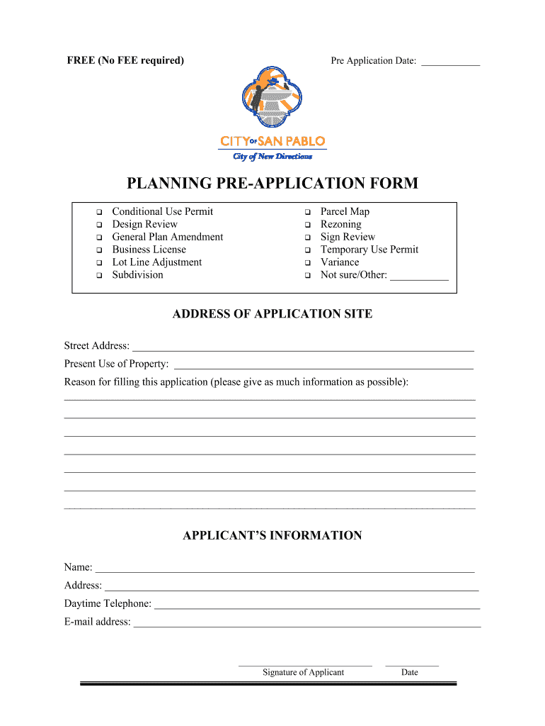 Fillable Online PLANNING PRE-APPLICATION FORM - San Pablo, California ...