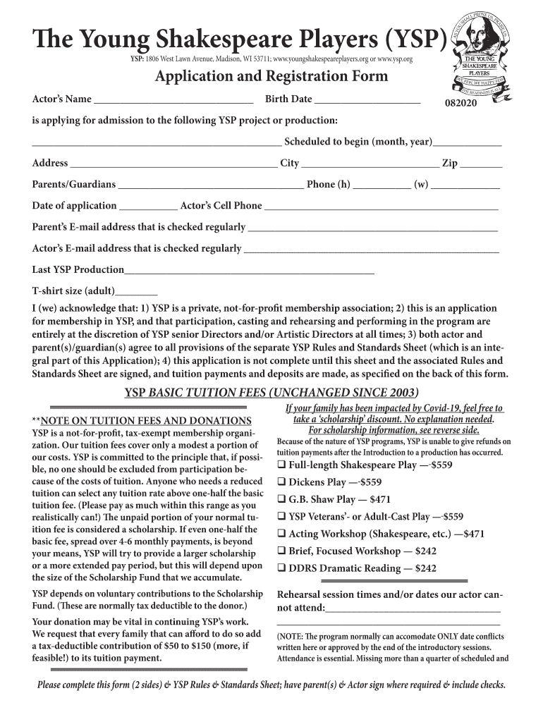Fillable Online YSP registration form Fall 2020 - Young Shakespeare ...