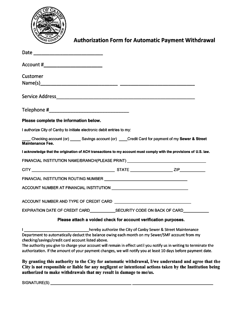 Fillable Online Authorization Form for Automatic Payment Withdrawal Fax ...