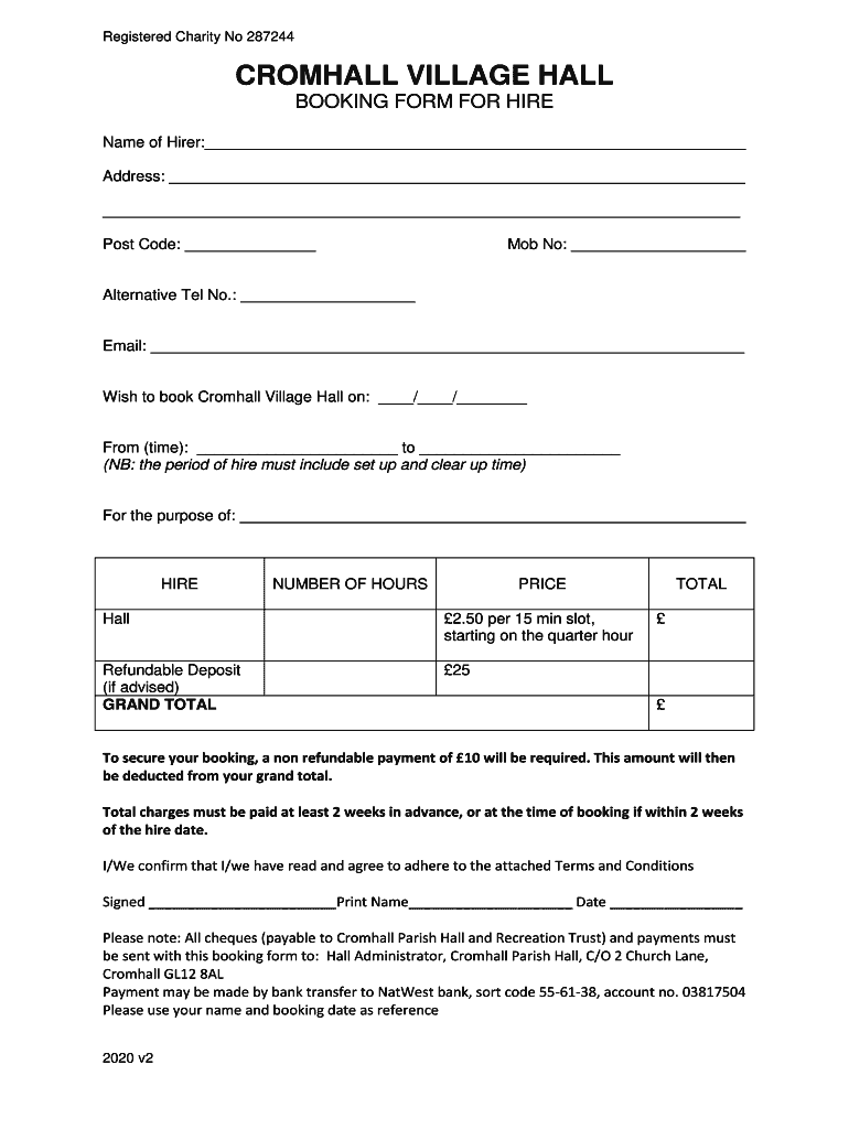 Fillable Online BOOKING FORM FOR ORGANISATIONS Kilham Village Hall ...