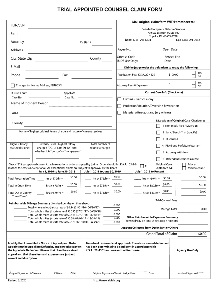 Fillable Online trial appointed counsel claim form - State Board of ...
