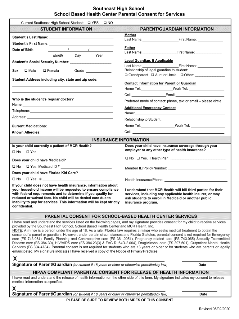 Fillable Online School Based Health Center Parental Consent Form - NYU ...