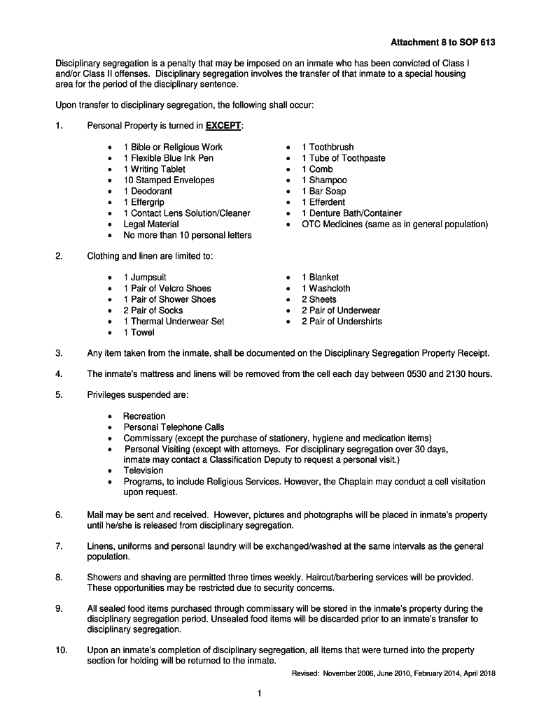 Fillable Online 1 Attachment 8 to SOP 613 Disciplinary segregation is a ...