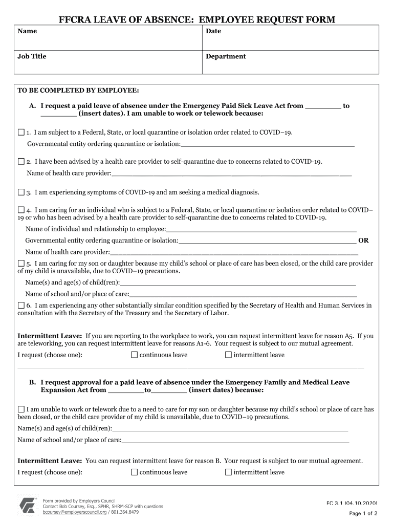 Fillable Online FFCRA Leave of Absence Request Fax Email Print - pdfFiller