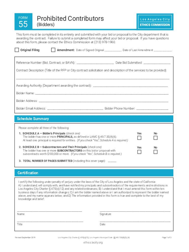 Fillable Online Form 55 - Prohibited Contributors (Bidders) (rev. 09/ ...