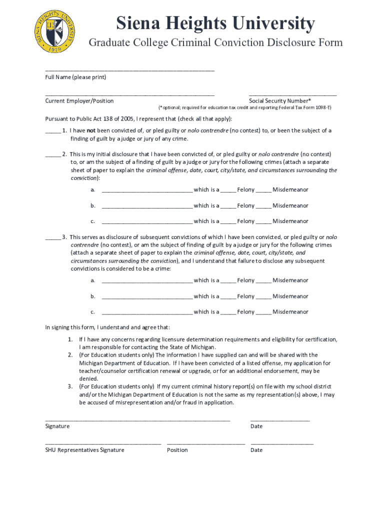 Fillable Online Graduate College Criminal Conviction Disclosure Form Fax Email Print - pdfFiller