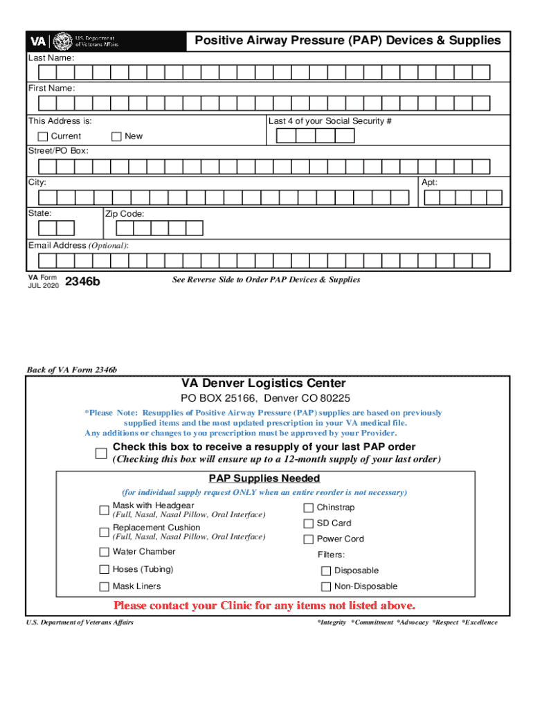 Fillable Online VA Form 2346b, Positive Airway Pressure (PAP) Devices ...
