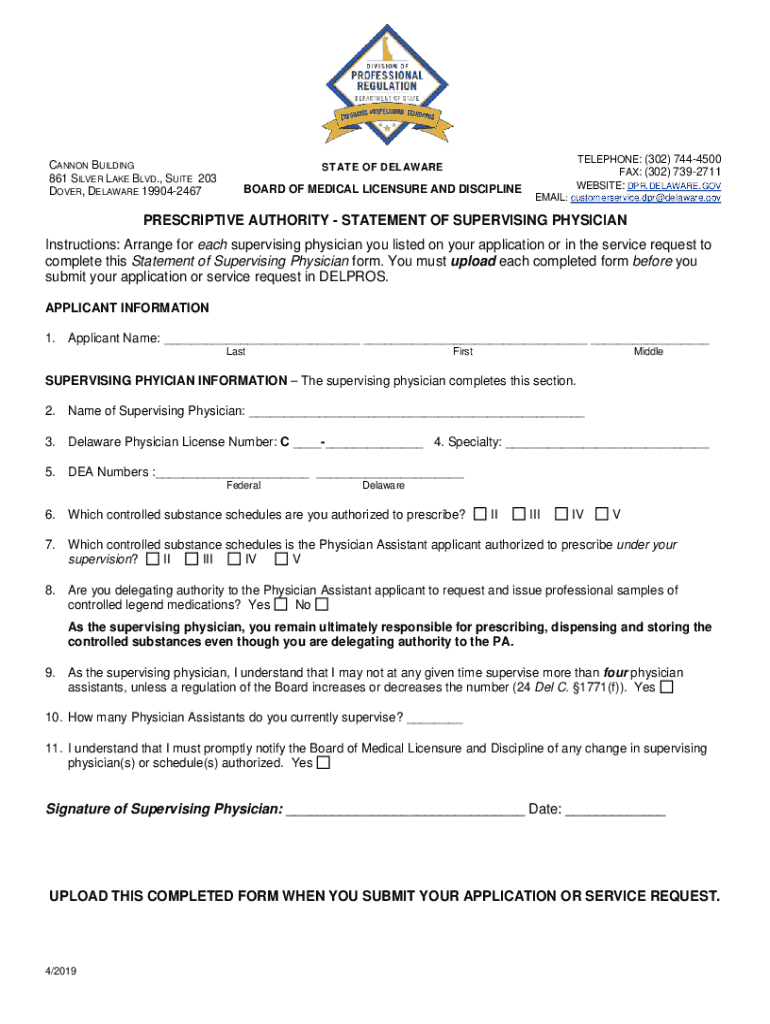 Fillable Online Physician Assistant RxPA Statement of Supervising ...