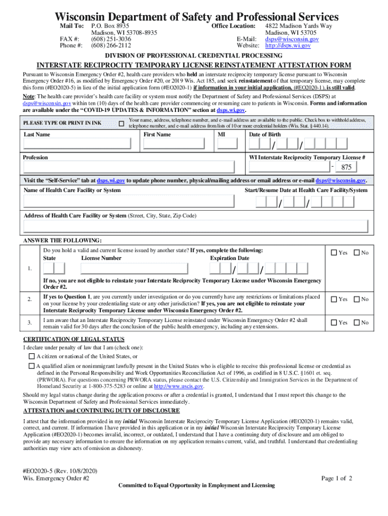 Fillable Online dsps wi #EO2020-5, Interstate Reciprocity Temporary ...