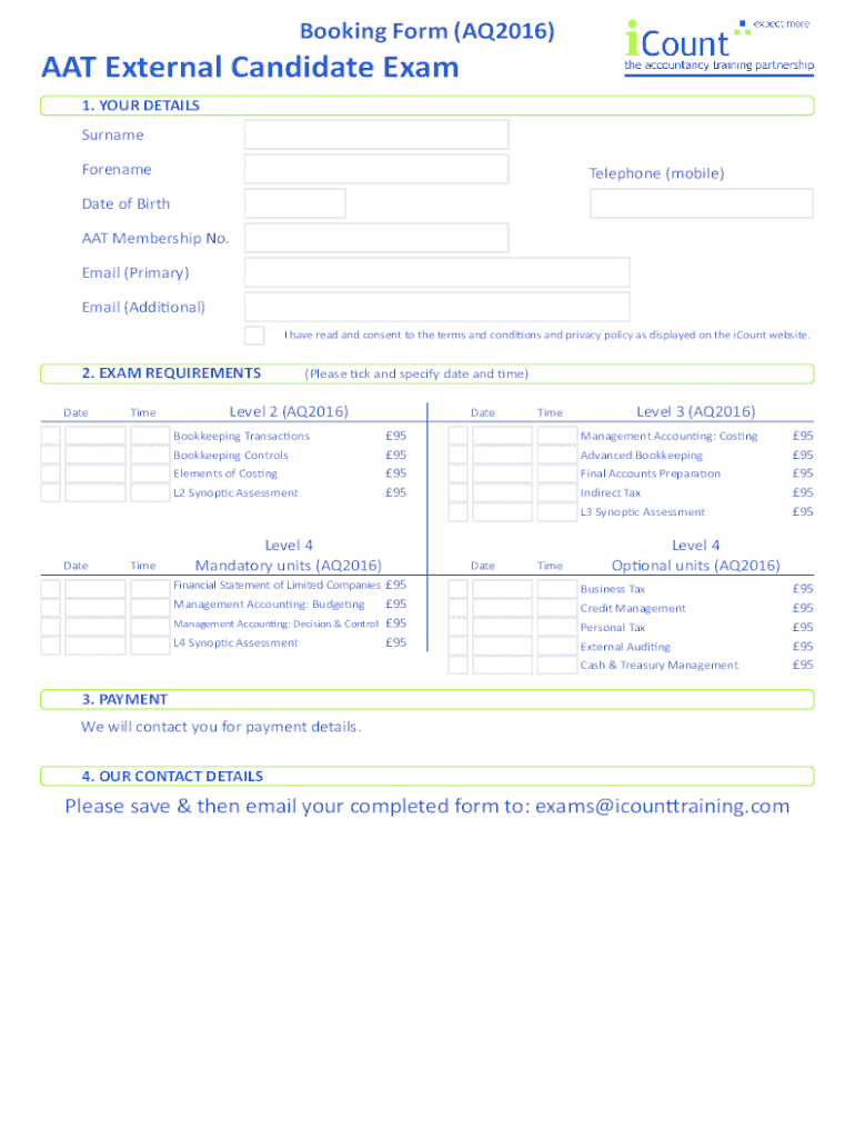 Fillable Online AAT Exam Booking Form (AQ2016) - iCount Accountancy ...
