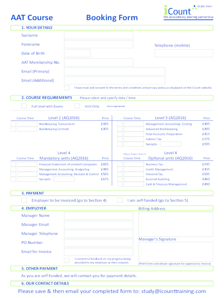 Fillable Online AAT Course Booking Form - iCount Accountancy Training ...