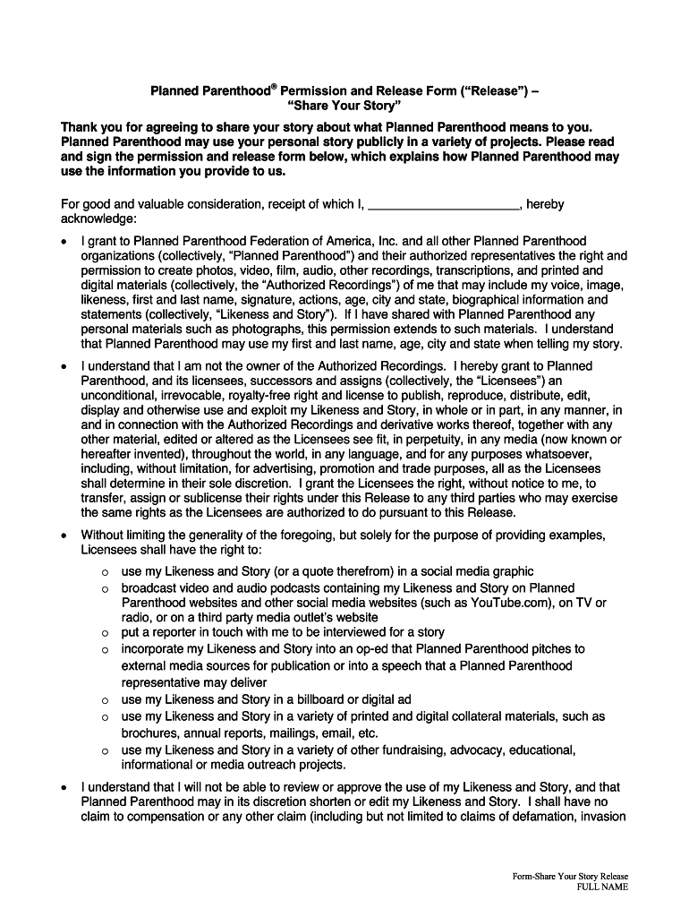 Fillable Online Planned Parenthood PermissionandReleaseForm(Release ...
