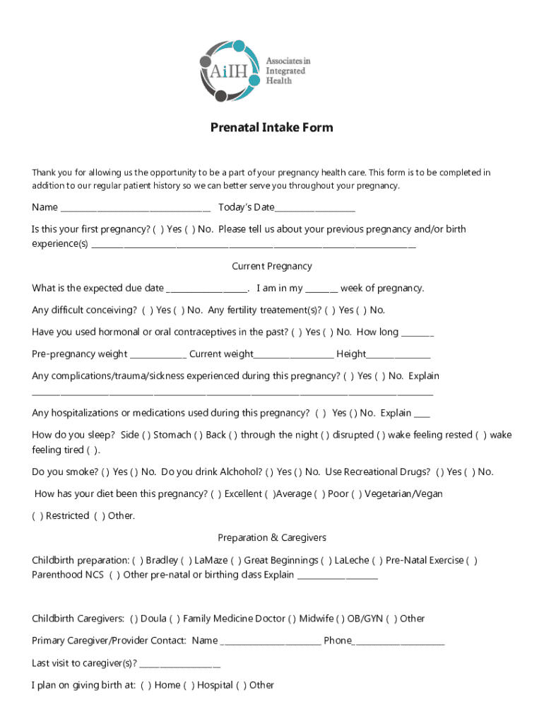 Fillable Online Prenatal Intake Form - Associates in Integrated Health ...