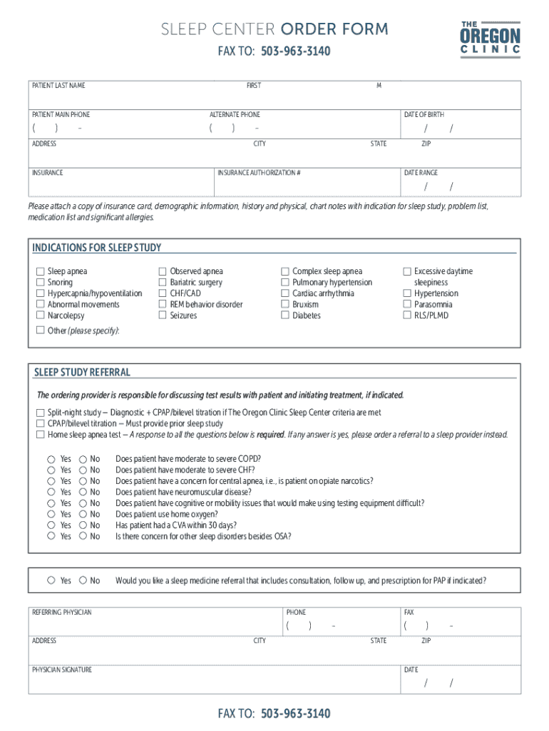 Fillable Online SLEEP CENTER ORDER FORM Fax Email Print - pdfFiller