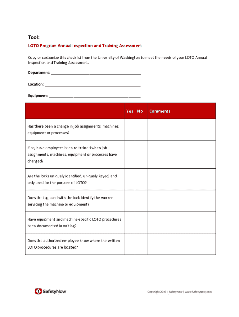 Fillable Online LOTO Program Annual Inspection and Training Assessment ...