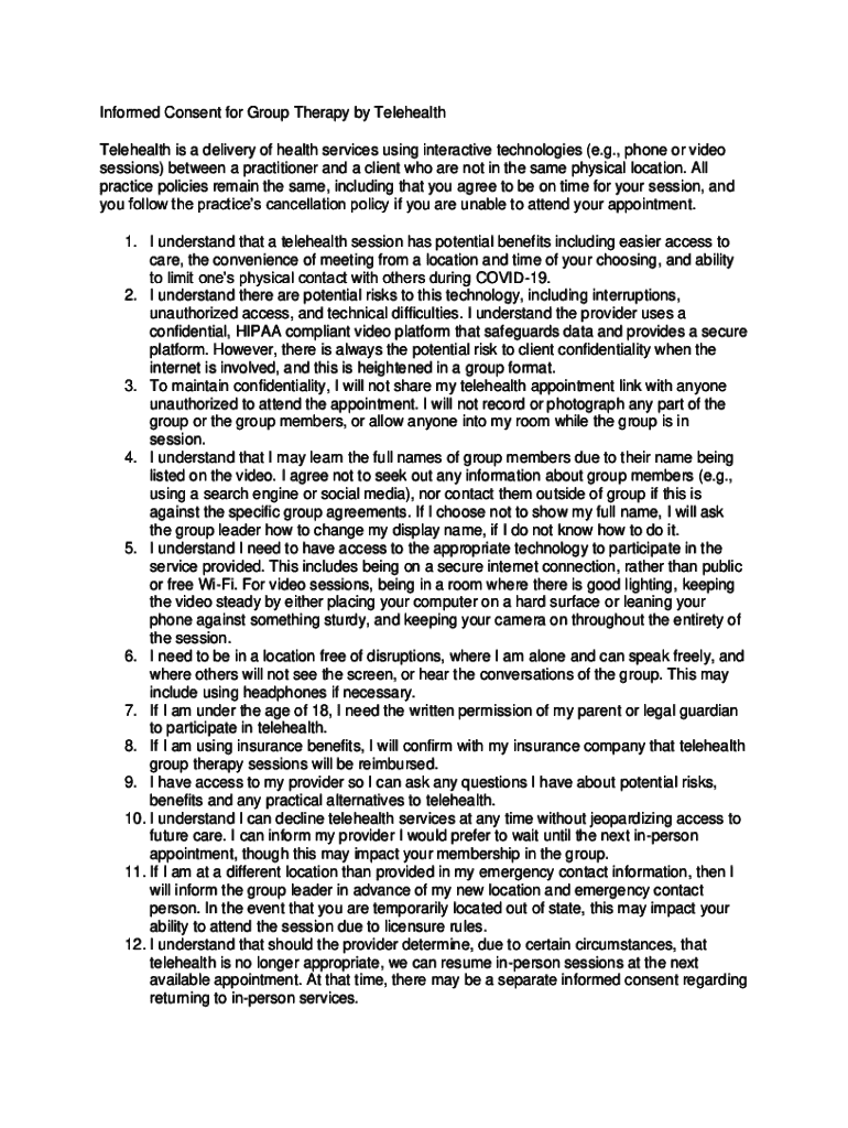 Fillable Online Informed consent for group therapy by telehealth - APA ...
