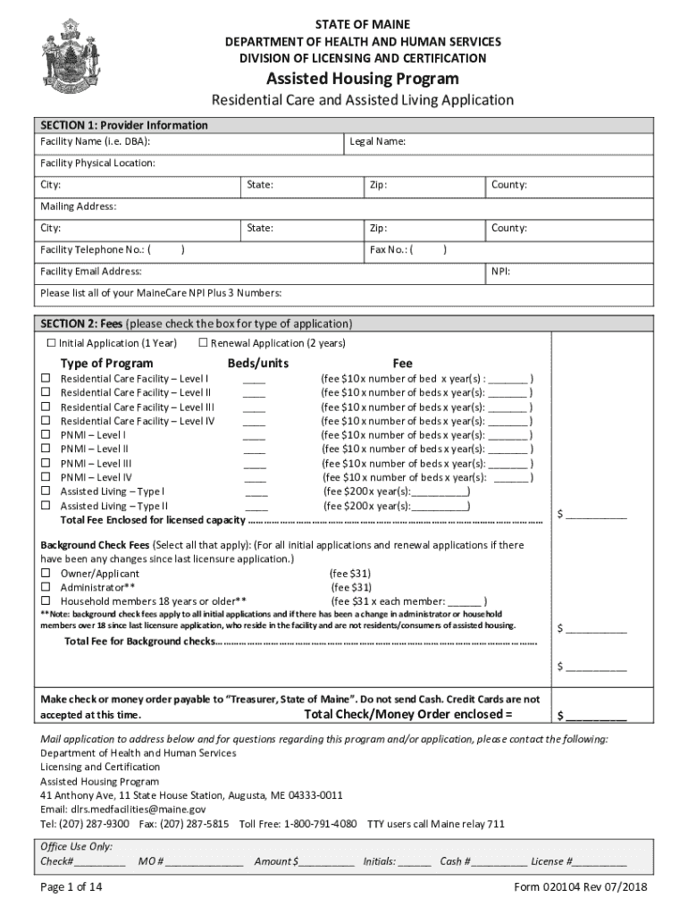 Fillable Online Residential Care and Assisted Living Application Fax ...